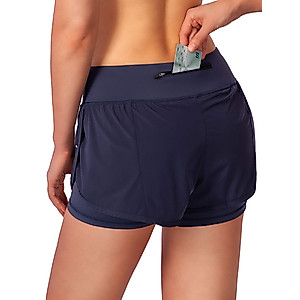 Women's 2 in 1 Running Shorts High Waisted Spandex Shorts Gym Yoga Workout Athletic Shorts for Women with Zipper Pockets Navy Blue M
