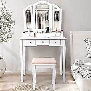 Vanity Desk with Mirror and Lights Makeup Vanity with Lights and Tri-Folding Mirror,Vanity Table with Lights,Makeup Vanity with Drawers,Vanity Mirror with Lights Desk and Chair Makeup Desk for Girl