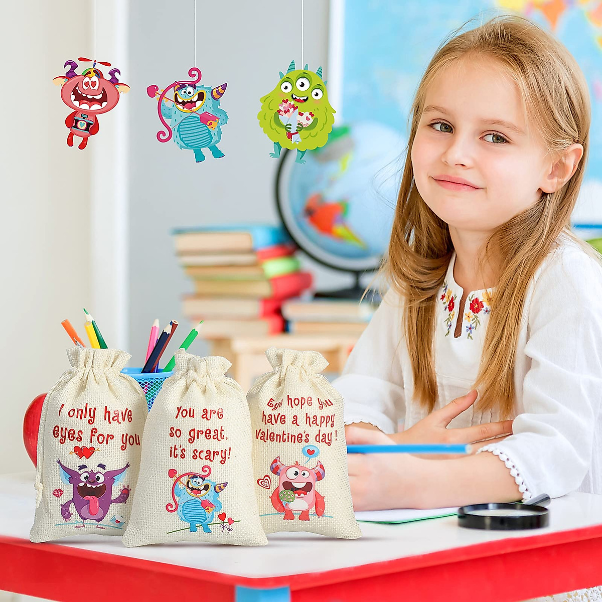 45 Pcs Valentine's Day Burlap Bags Burlap Canvas Gift Bags with Monster Pattern Valentine Linen Reusable Drawstring Bags Candy Treat for Boys Girls Valentine's Day Favors Party Gifts Supply 6 x 4 Inch