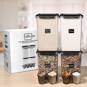 XXL 6.5L / 250 Oz x 2 & XL 5.2L / 175 Oz x 2 - WIDE & DEEP Food Storage Airtight Containers [Set of 4] + 4 Measuring Cups - Ideal for Sugar, Flour Leakproof BPA Free Clear Plastic - (Gray)