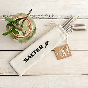 Salter 302 SSXR Eco Reusable Metal Drinking Straws, Curved and Straight Design, Set of 8, Includes a Sisal Fibre Cleaning Brush and Drawstring Bag, Perfect for a Night Out or Picnic, Stainless Steel