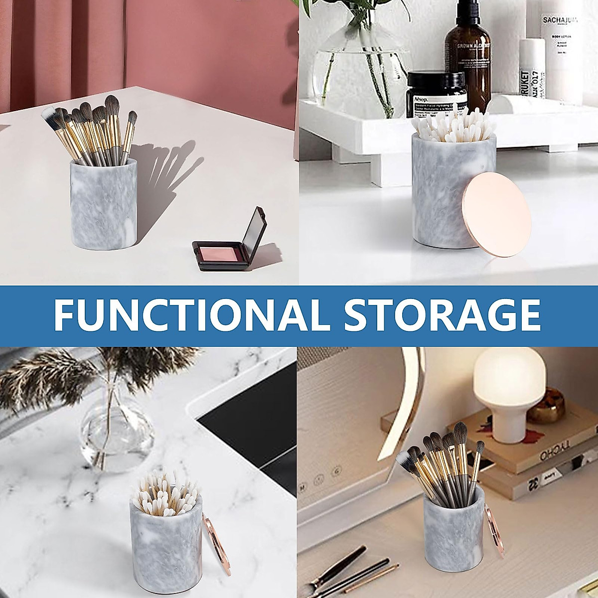 MARBBNEST Marble Storage Container with Metal Lid, Functional Organizer for Makeup Brushes, Cotton Swabs, and Accessories - Elegant Countertop Solution (White)