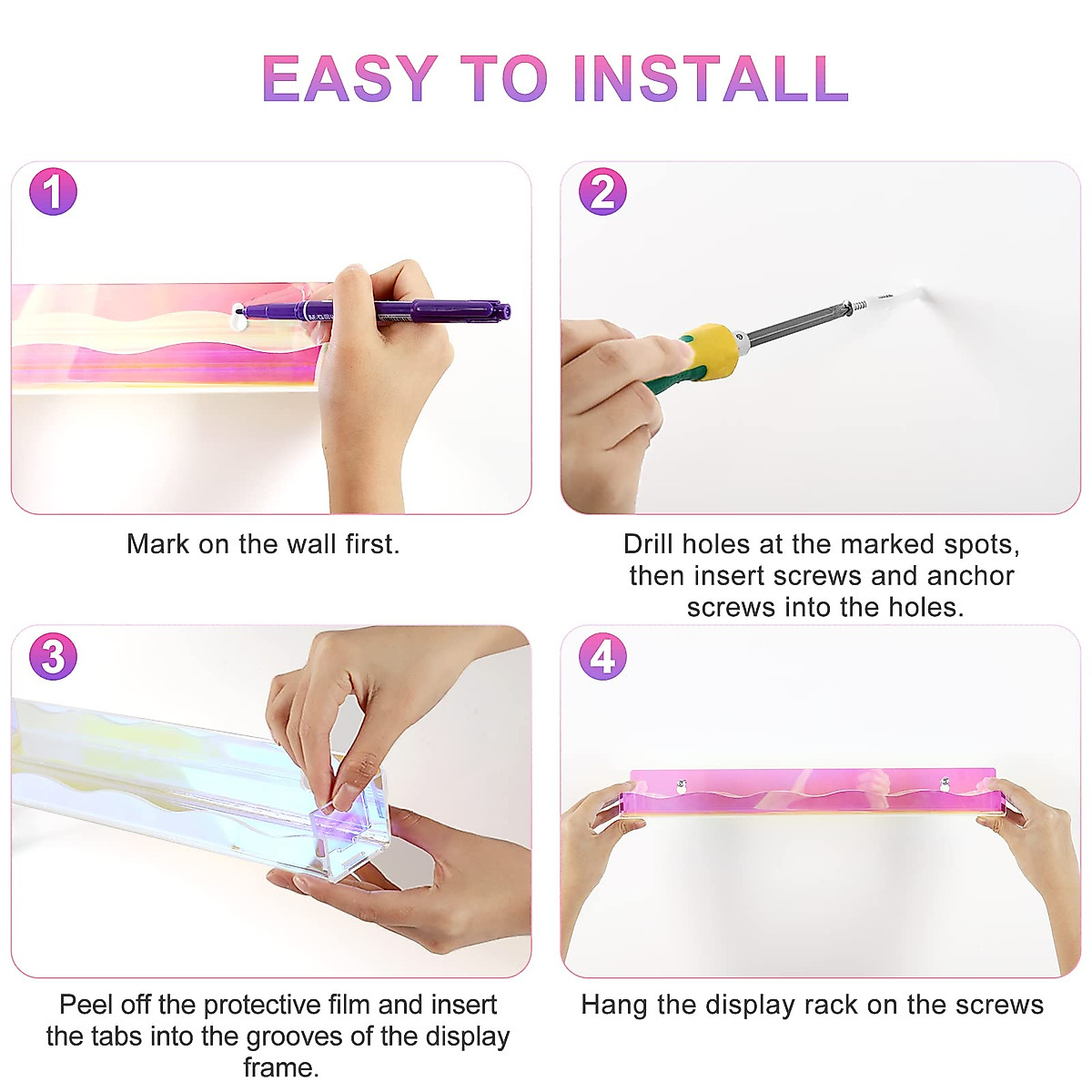 FFowcye 6 Packs Iridescent Nail Polish Wall Mounted Organizer, 15" Rainbow Floating Shelves, Acrylic Nail Polish Wall Rack for Paint, Tattoo Ink, Essential Oils, Makeup Storage Display Stand