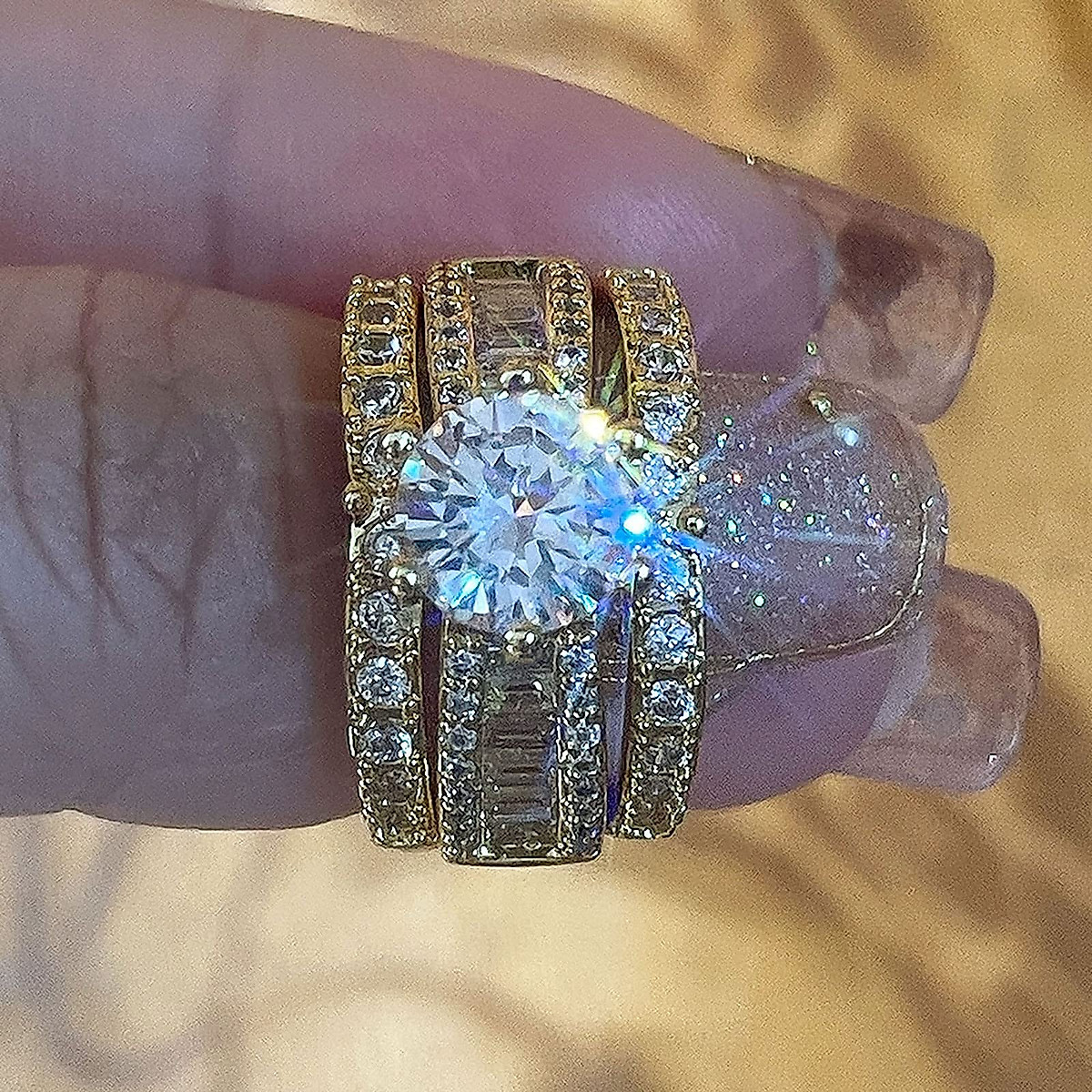 Ahloe Jewelry 2.3Ct Wedding Rings for Women Engagement Ring Set Bands 18k Yellow Gold Three in One Cz 3pcs Size 8