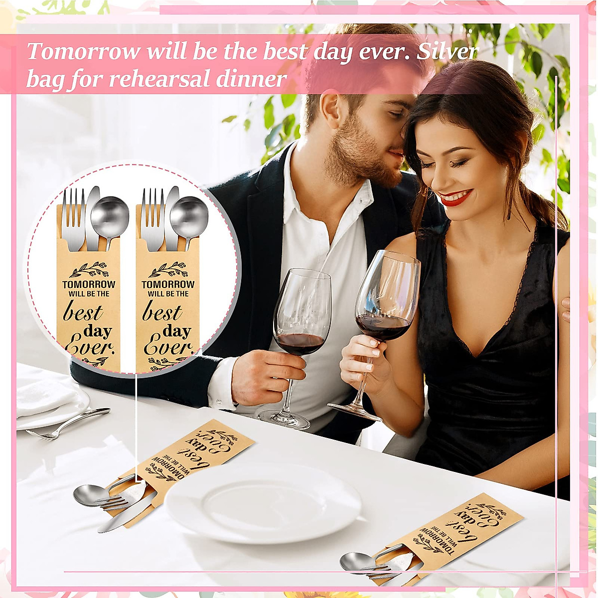 100 Pieces Silverware Bags Tomorrow Will Be The Best Day Ever Rehearsal Dinner Tableware Utensil Holders Rustic Cutlery Pouch Bag Silverware Holder Bag for Wedding Rehearsal Dinner, 2.8 x 7.8 Inch