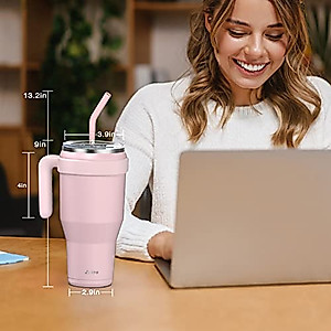 Zukro 40 oz Tumbler With Handle, Sip and Straw Lid, Leakproof No Sweat Insulated Stainless Steel Cup Keeps Drinks Cold 24 Hours, Travel Mug Fit in Cup Holder, Dishwasher Safe, BPA Free - Pink