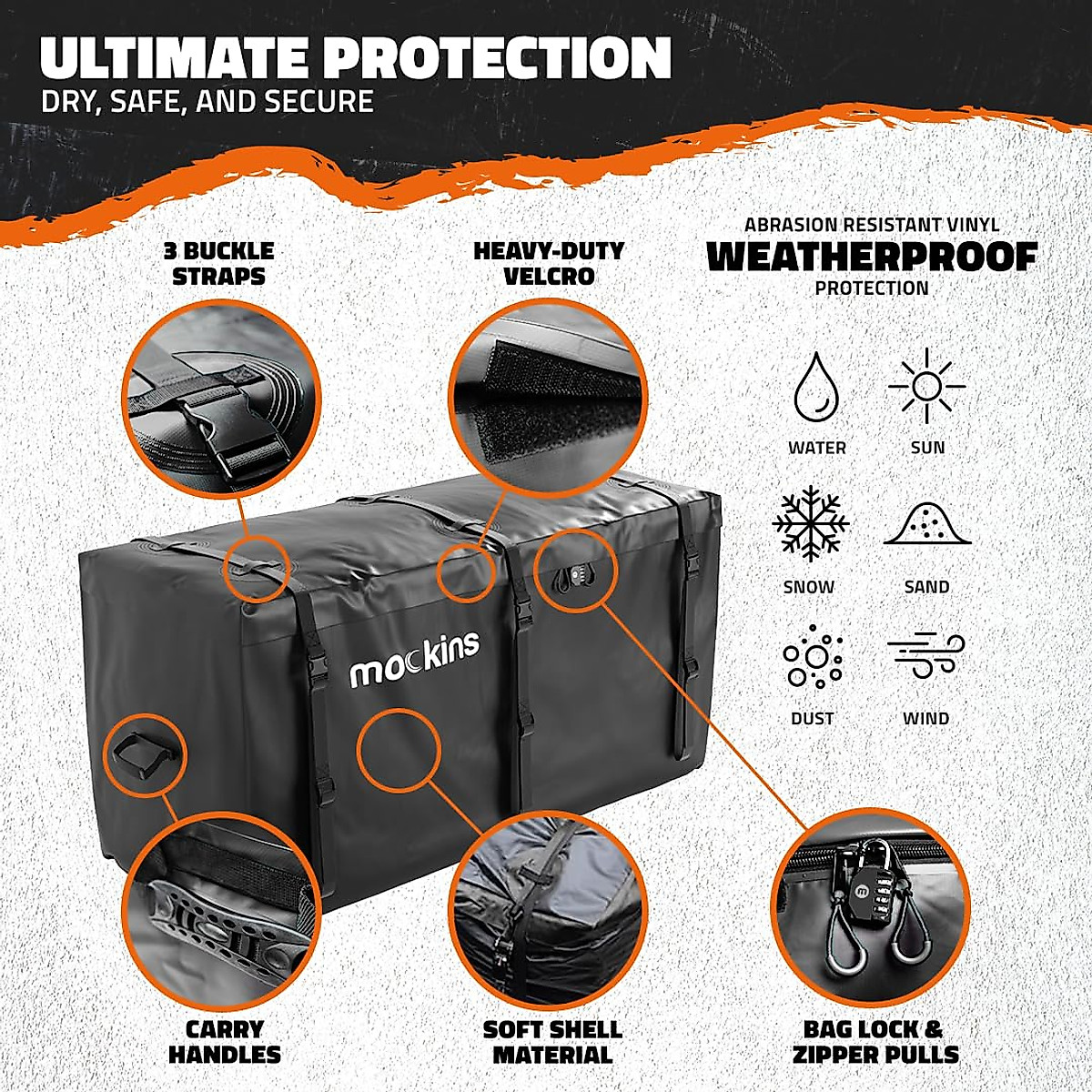Mockins 25 Cu.Ft. Trailer Hitch Cargo Carrier Bag | 60"x24"x31" Waterproof Cargo Bag for Hitch Carrier | Weatherproof Abrasion Resistant Vinyl Vehicle Soft-Shell Carriers w/Straps, Lock, & Carry Bag