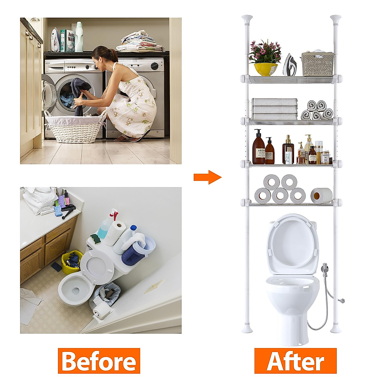 Bathroom Over The Toilet Storage, Over Toilet Organizers Shelves 4.5-9.5 FT Adjustable, 4-Tier Shelf Rack Above Behind Toilet, Wash-Machine, Small Room Space Saver Metal Shelving, White, Rustproof