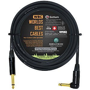 25 Foot - Gotham GAC-1 Ultra Pro - Premium Low-Cap (21 pf/F) Guitar Bass Instrument Cable – w/Neutrik Gold Straight to Angled ¼ inch (6.35mm) TS Connectors - Custom Made by WORLDS BEST CABLES