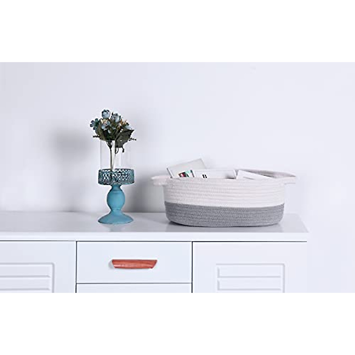 ZFRXZ 2-Pack Small Woven Basket | Cute Gray Rope Basket | Oval Basket | Shelf Storage Basket | Chest Box| Empty Gift Baskets with Handles, 14"x 9.8" x 5" Cube Bins Organizer(White-Gray)