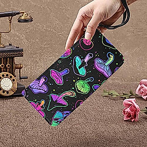 InterestPrint Bright Psychedelic Mushrooms Portable Leather Bifold Wallet, Slim Little Card Holder