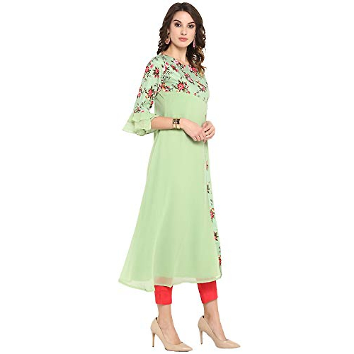 Janasya Indian Women's Light Green Poly Crepe Kurta(JNE3368-KR-XL)