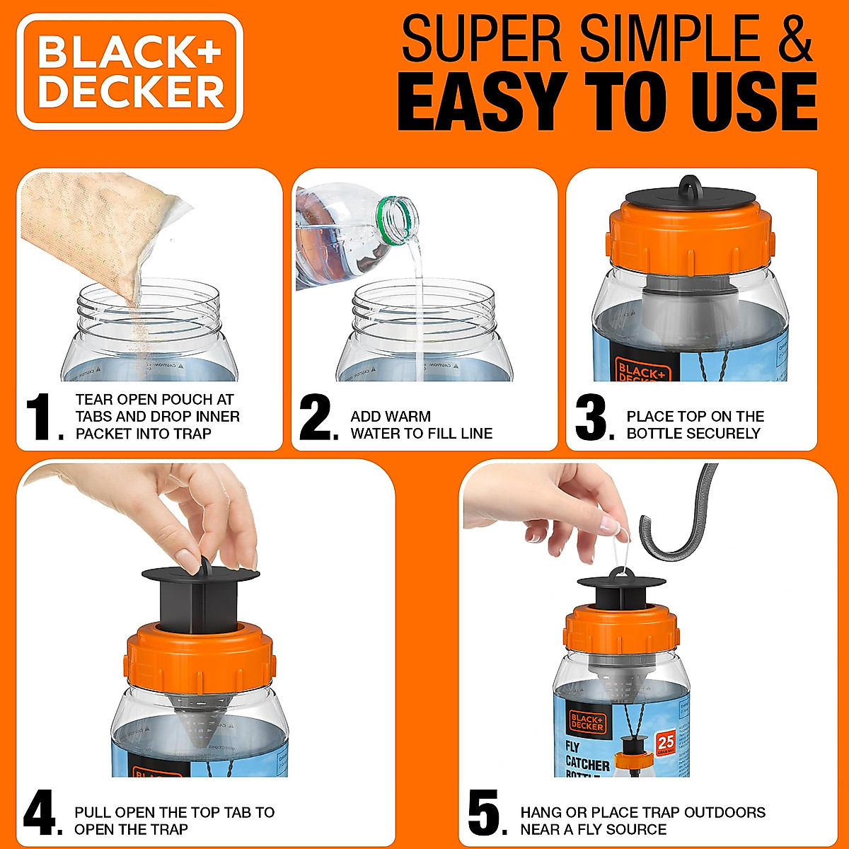 Fly Catcher Bottle- Outdoor Reusable Hanging Fly Trap- Add Water to Catch House & Horse Flies in Garden, Backyard & Barn, 25-Gram Clear Trap, 3 Pack