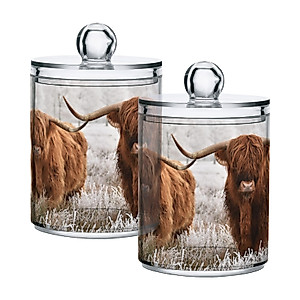 Sletend 2Pack Bathroom Canisters Organizer Scottish Highland Cow Storage Containers for Cotton Ball,Cotton Swab,Cotton Round Pads,Floss