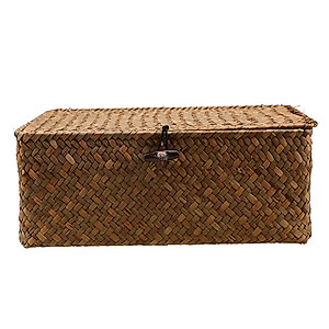 Storage Baskets for Shelves Seagrass Storage Bins with Lid Rectangular Woven Wicker Basket Rattan Storage Container Organizer for Home Shelf Size L Wicker Baskets