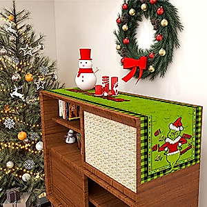 FARMNALL Linen Green Christmas Table Runner Merry Grinchmas Tablecloth Christmas Xmas Winter Holiday Home Kitchen Table Decorations 13x72 Inch