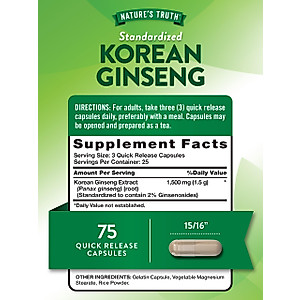 Nature's Truth Korean Ginseng Capsules | 75 Count | Standardized Extract from Ginseng Root | Non-GMO, Gluten Free Supplement