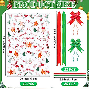 MIMIND 12 Pieces Christmas Large Basket Bags Clear Cellophane Bags 20 x 28 Inch Red Green Basket Bags Clear Thickened Gift Cookie Bags with Red Green Twist Ties, Bows Ribbon for Christmas Gift Baskets