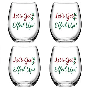 Modwnfy Funny Christmas Wine Glass Set, Let's Get Elfed Up Xmas Stemless Wine Glass for Women Friends Family Coworker, Good Wine Glasses for Christmas Wedding Birthday Party, Set of 4 (15 Oz)