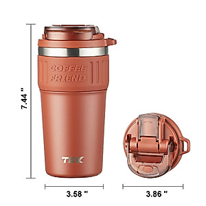 TKK Insulated Coffee Thermos with Ceramic Coating, 21oz Iced Coffee Tumbler Cup with Straw Lid Double Wall Vacuum Leak Proof Travel Mug with Strap for Hot and Iced Beverage, Red