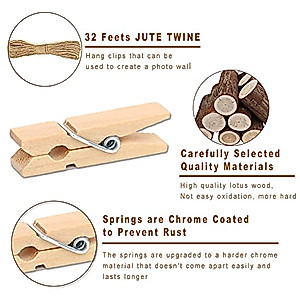 1.35 Inch Mini Clothes Pins for Photo【100 Pcs】 with 32 Feet Jute Twine，Mini Clothes Pins for Crafts,Wooden Small Clothes Pins for Pictures,Tiny Decorative Clothespins for Baby Shower(Natural Color)
