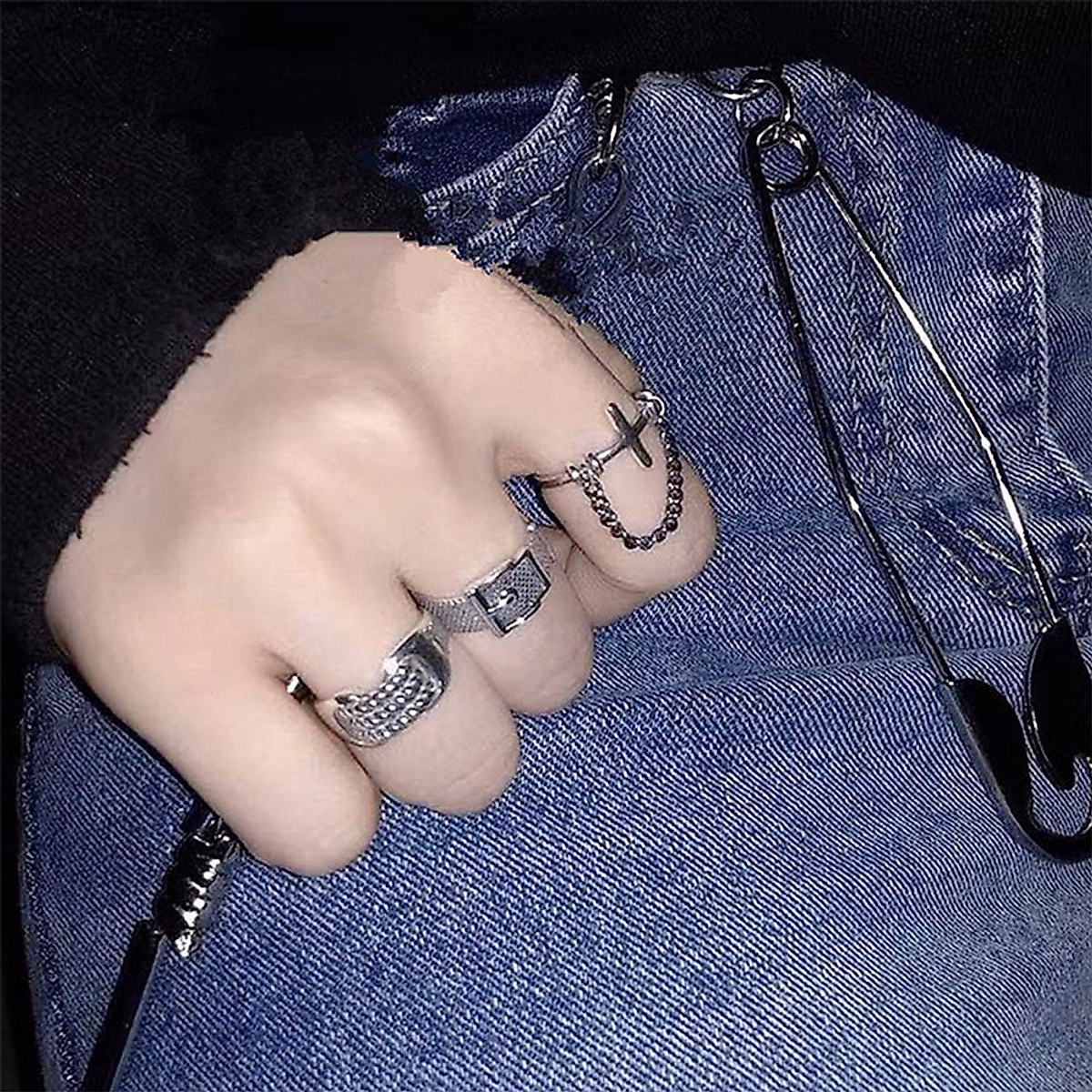 Aimimier Gothic Vintage Ring Set Half Open Cross Chain Belt Finger Ring Punk Stackable Knuckle Ring for Women or Men