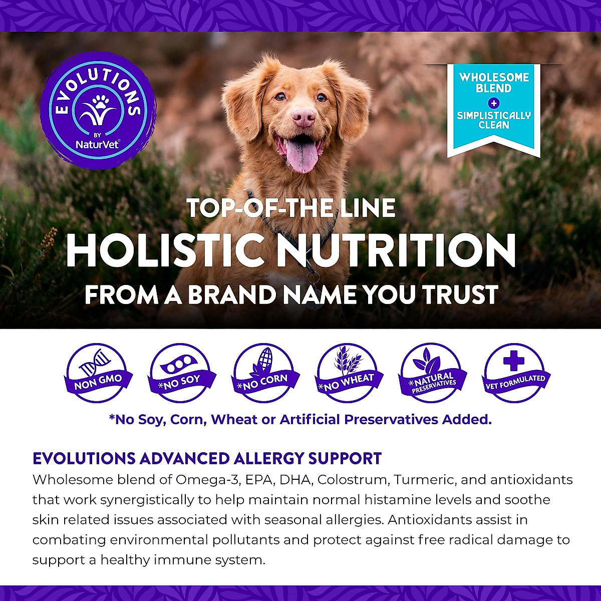 NaturVet Evolutions Advanced Allergy Support 90ct Soft Chews for Dogs - Omega-3, Anchovy Oil, Colostrum, Turmeric, Quercetin, Probiotic - Helps Maintain Normal Histamine Levels