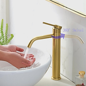 Hotis Gold Vessel Sink Faucet, 360 Swivel Brushed Gold Vessel Faucet, Single Handle Tall Body Farmhouse Vessel Faucet, Bathroom Faucets for Sink 1 Holewith Pop Up Drain