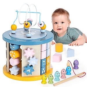 Abellzos Wooden Activity Cube Baby Toys, 11-in-1 Montessori Toy for 3 Year Old, Toddlers Learning Educational Developmental Center, First Birthday Gift for Boys Girls