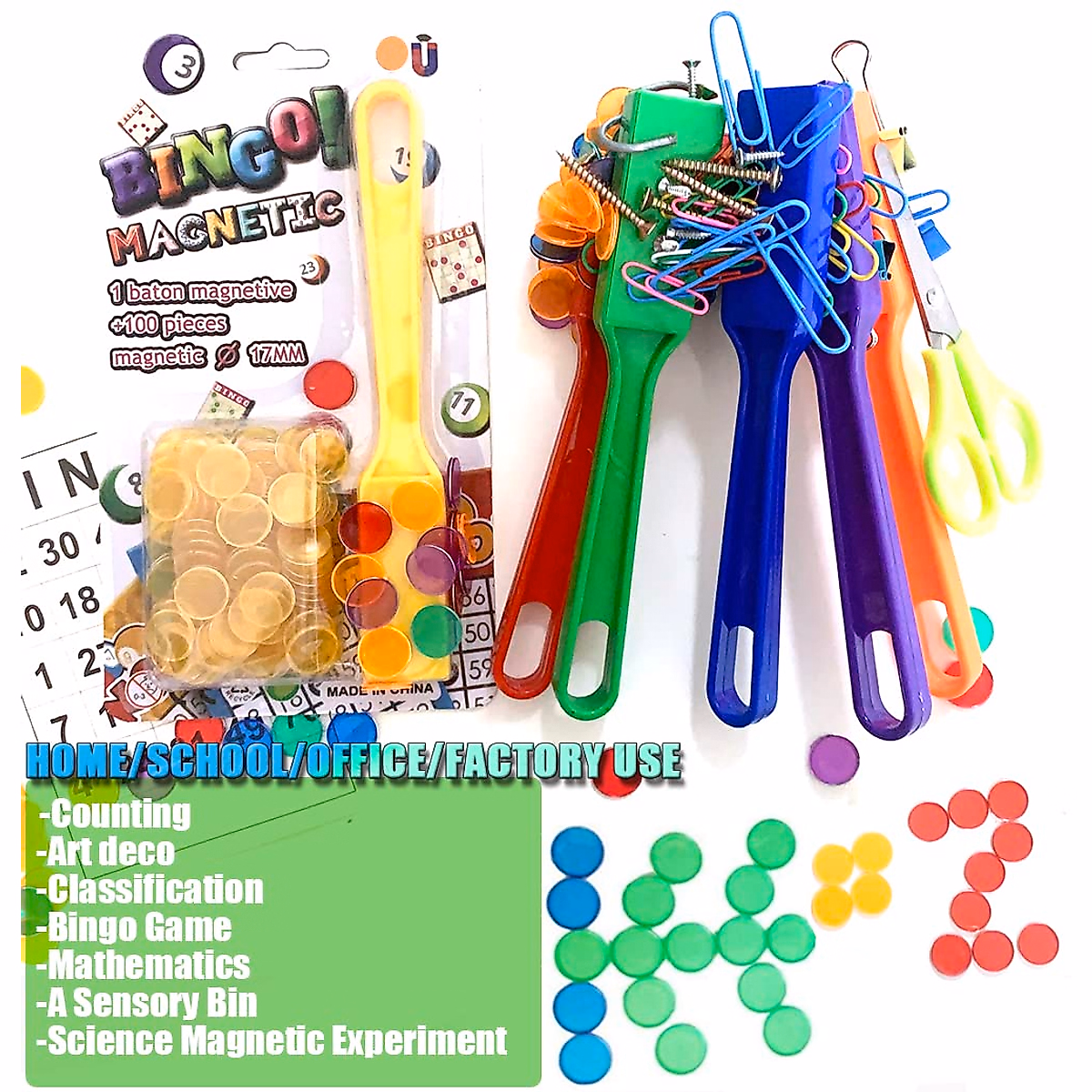 TCOINERY Bingo Chips Set-Magnetic Wand & 100 Counting Chips-6 Colors Transparent Plastic Markers for Family School Learning Game Zoom Bingo and Pokeno Nights