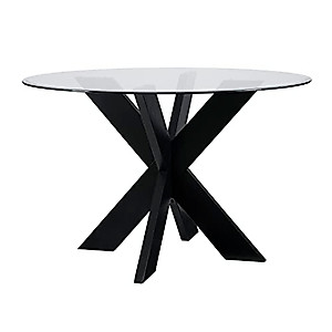 Powell Black Wood Modern Round Glass Top Parnell X Base Dining Table