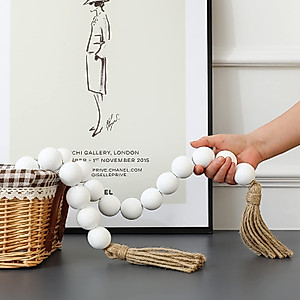 Large White Wooden Beads Garland Farmhouse Decor 50inch long with 1.6" Diameter beads, Wood Beads Decor Tassel Garland Decorative Boho Country Decoration for Coffee Table Home Tiered Tray Wall Hanging