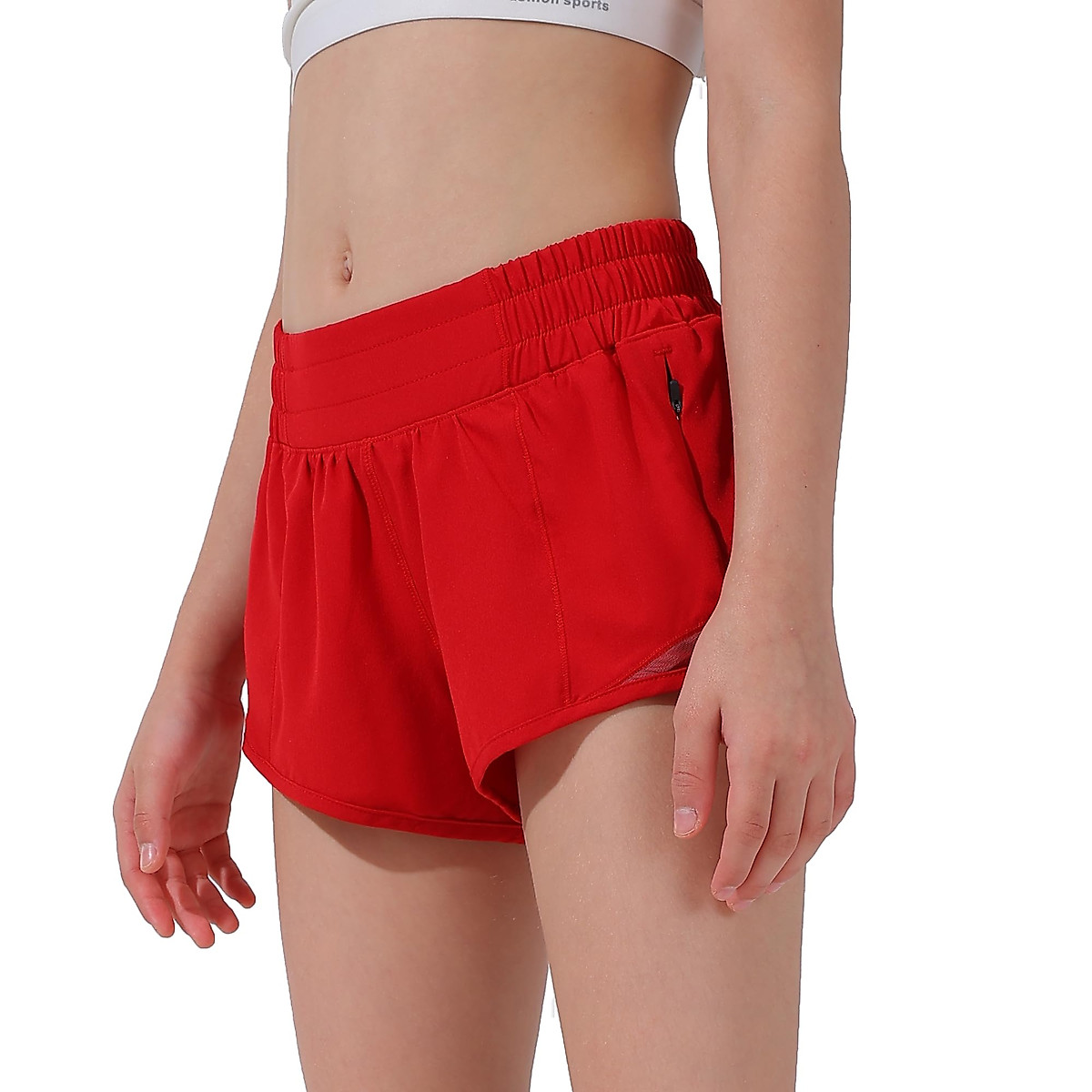 Aurefin Girls Athletic Shorts, Lightweight Running Shorts for Teen Girls Kids Sports Active Shorts with Zip Pocket and Elastic Red/XL