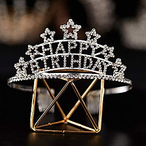 SWEETV Happy Birthday Tiara Crown for Girls & Women, Rhinestone Bday Crown with Comb, Crystal Birthday Party Hat Gift Princess Headpieces, Clear
