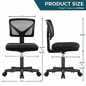 DUMOS Armless Desk Wheels Cute Home Office Arms, Ergonomic Adjustable Swivel Rolling Task, Comfy Mesh Mid Back Computer Work Vanity Chair for Small Spaces, Classic Black