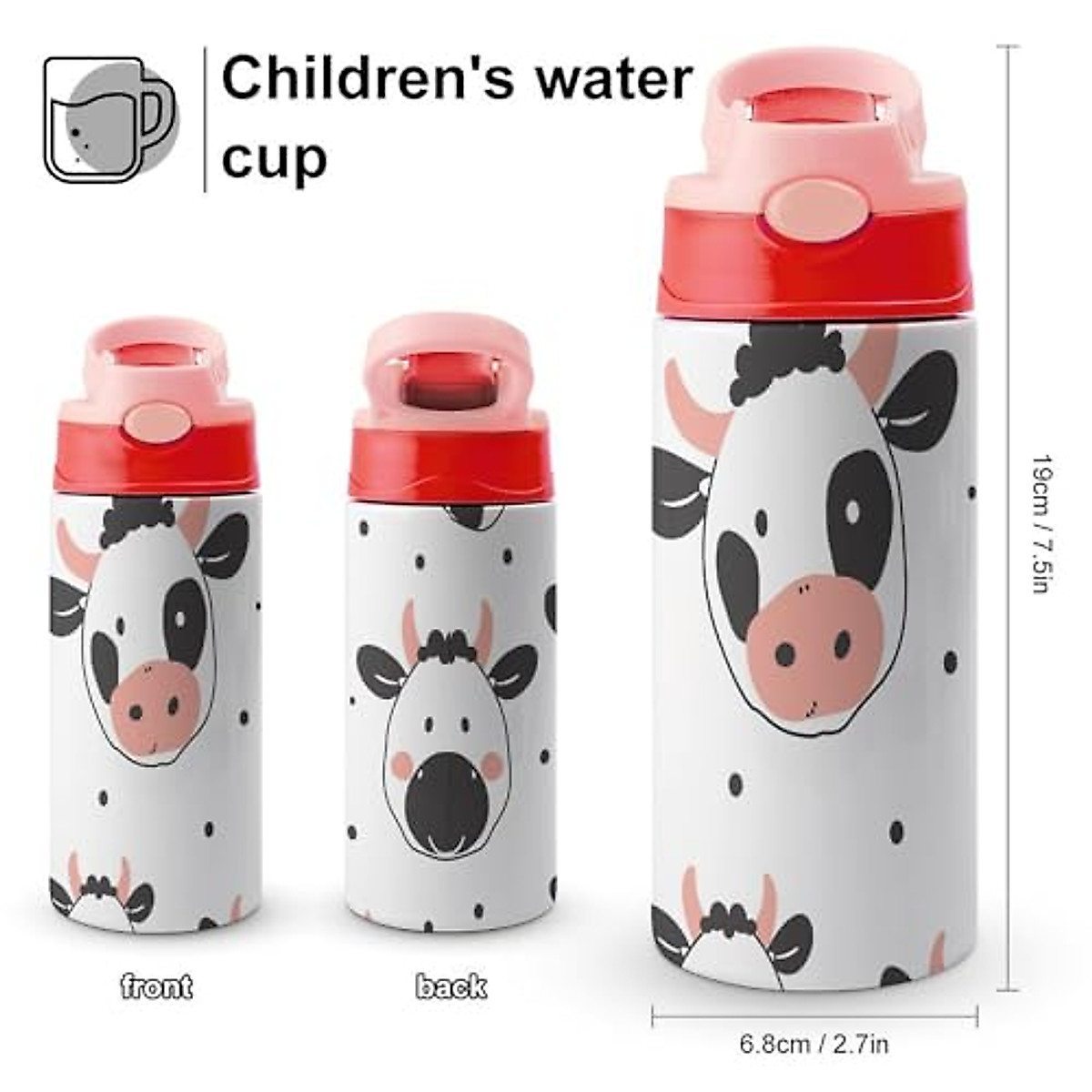 Stainless Steel Water Bottles Cartoon Cow Print Travel Water Cups with Handle And Silicone Straw Drinking Cup with Leak Proof Lid Thermo Travel Mug for Women Men