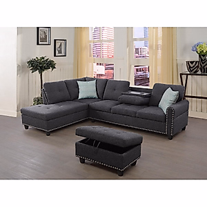 HomeStock Sophisticated Simplicity Sectional Sofa with Ottoman, Living Room Set, Left Facing Chaise, 2 Cup Holders, 2 Throw Pillows, Tufted Back and Seat - 99.5" D x 67" W x 32" H Dark Gray