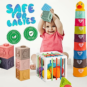 Baby toys 6 to 12 months, Montessori toys for 1 year old, Silicone Pull String Teething Toys, Stacking Building Blocks Infant Toddler Toys 0-3, Color Shape Bin Sensory Toys, Baby boys&girls gifts