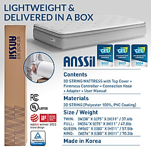 ANSSIL String Mattress Queen Size - Extra Firm Mattress with No Spring and 3D String Technology - Included Controller for Customizable Firmness - Hygienic and Lasting, No Chemical, 11” Bed Height