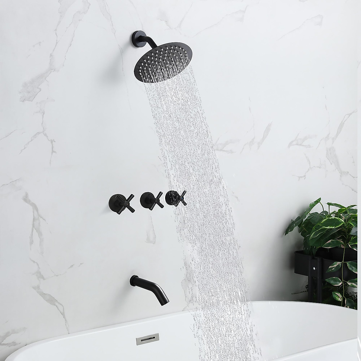 LIWEIKE Matte Black 3 Handles Shower Faucet Set with Tub Spout,Stainless Steel Tub and Shower Faucet Set with Valve,Wall Mounted,ASSB05U