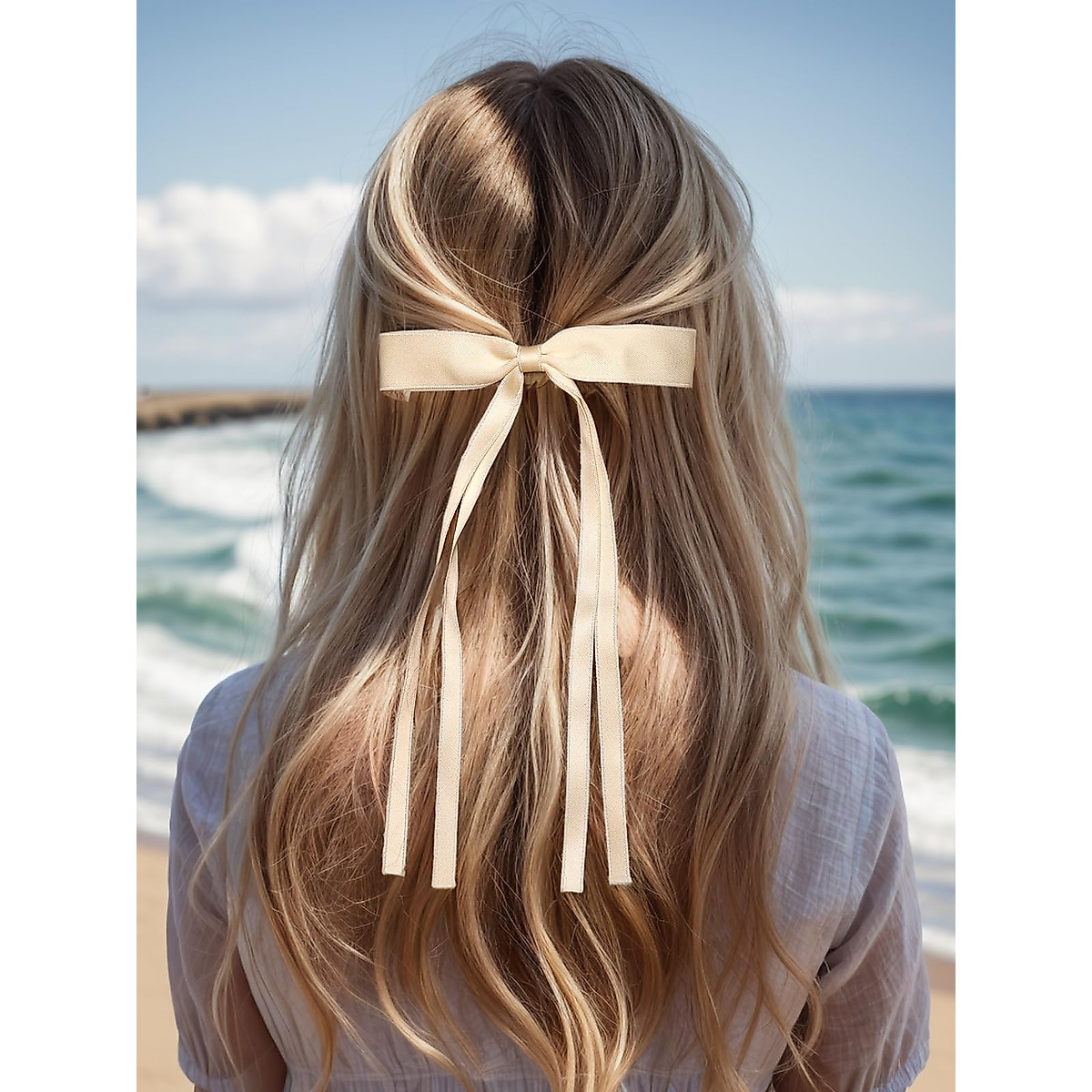 4pcs Hair Clips for Women Tassel Ribbon Bowknot With Long Tail, Clip Girl, Solid Accessories Barrettes Claw Bow (Black&Beige)