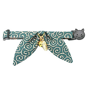 PetSoKoo Cute Bunny Ears Bowtie Cat Collar with Bell, Ancient Arabesque Print, Japan Lucky ’開三運’ Charm. Safety Breakaway, Soft, for Girl Boy Male Female Cats,Light Blue