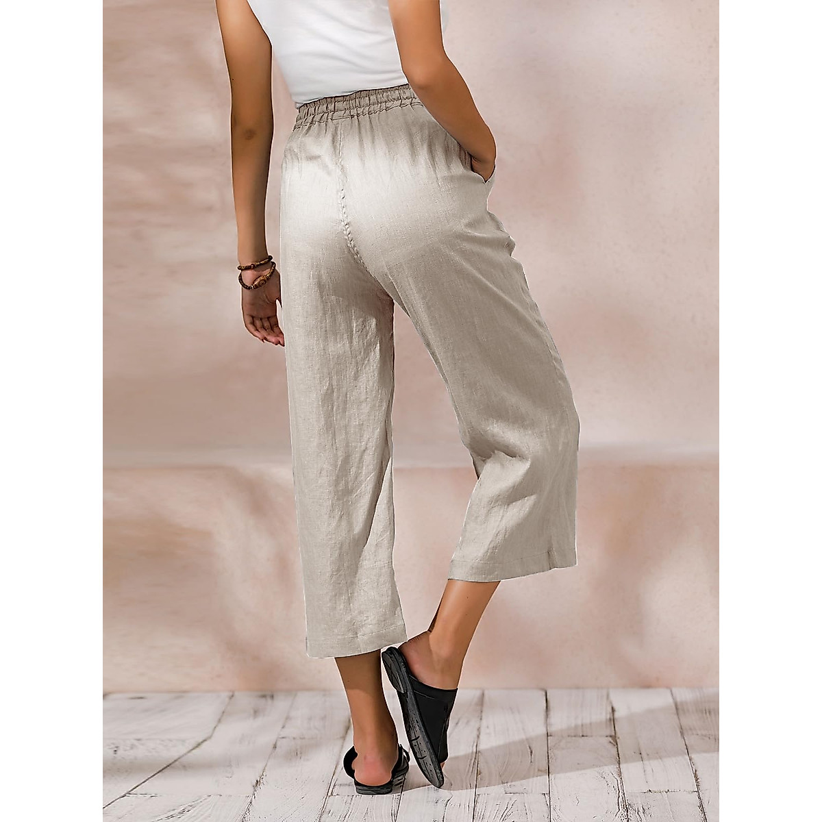 ECUPPER Womens Linen Cropped Pants Loose Casual Capri Cotton Wide Leg Plus Size Elastic Waist with Drawstring Trouses Natural XL