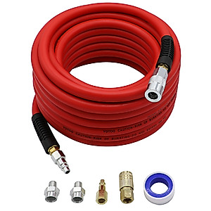 YOTOO Air Hose 1/2 in. x 50 ft, 300 PSI Hybrid Air Compressor Hose, Heavy Duty, Lightweight, Kink Resistant, All-Weather Flexibility with Bend Restrictors, 3/8" and 1/4" Air Fittings Kit, Red