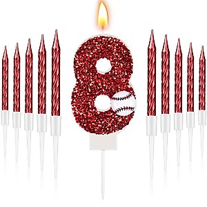 MTLEE Baseball Birthday Number 8 Candle with 10 Long Thin Cupcake Candle Red Baseball Cake Topper Sequins Sports Theme Baseball Birthday Decorations Party Cake Candles for Anniversary Celebrations
