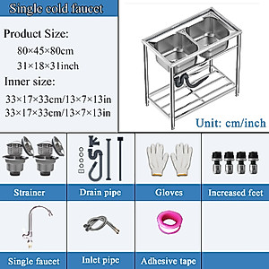 SEYFI Kitchen Sinks U-Tility Sink,Free Standing, Stainless Steel Sink Free Standing Kitchen Sink,Commercial Sink, Freestanding Countertop for Laundry/Single Cold/Single Cold