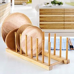 Lawei 4 Pack Bamboo Wooden Dish Rack - Plate Rack Stand Pot Lid Holder, Kitchen Cabinet Organizer for Bowl, Cup, Cutting Board and More