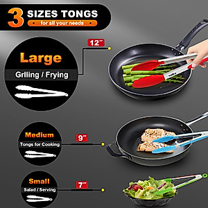 Walfos Silicone Tongs for Cooking - Heat Resistant kitchen tongs for Salad,Cooking, Grilling,Stainless Steel and BPA Free Silicone Tips set of 3 (7" 9" and 12 inch)