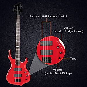Ktaxon Electric Bass Guitar Full Size Flame Design Bass Set with 20 Watt Amplifier, Portable Bass Bag, Superior Amp Wire, Adjustable Guitar Strap, Plectrum, Wrench Tool(Red)