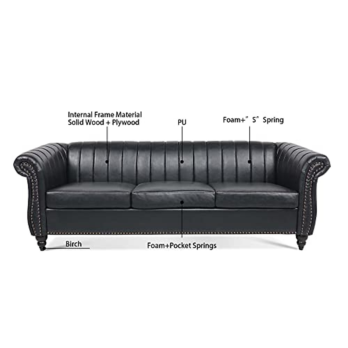 84" Chesterfield 3 Seater Sofa Black with Rolled Arm, Mid Century Modern Striped PU Leather Couch for Small Spaces